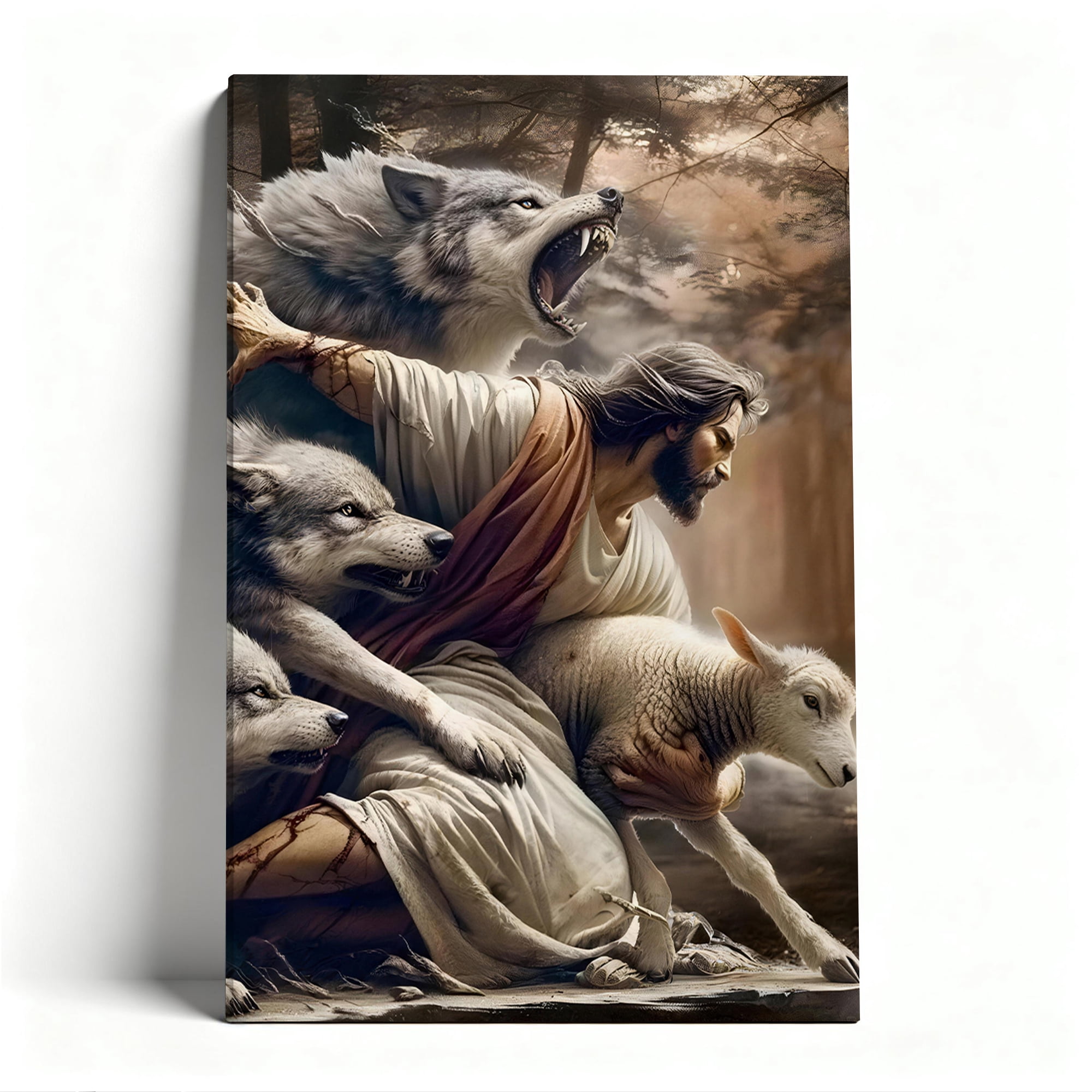 Jesus Protecting Lamb from Wolves Canvas Wall Art, Powerful Christian ...