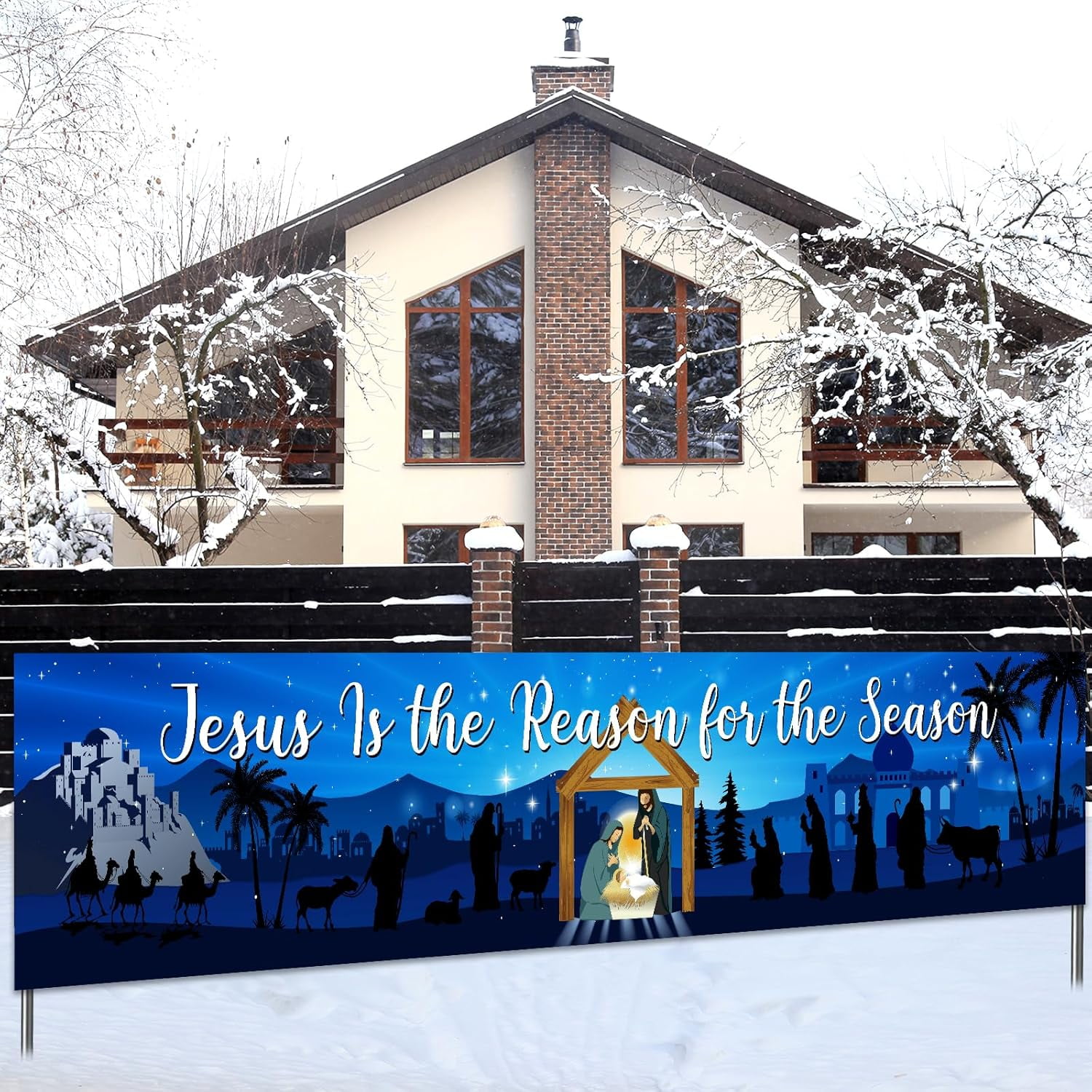 Jesus is the Reason for the Season Banner, Manger Scene Religious Merry ...