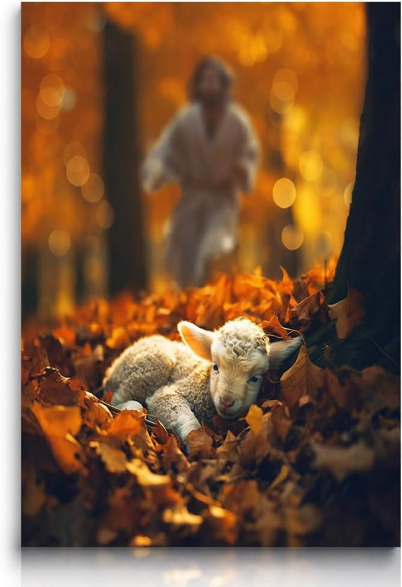 Jesus Runs For The Lost Sheep In Autumn Forest Wall Art Print Painting ...