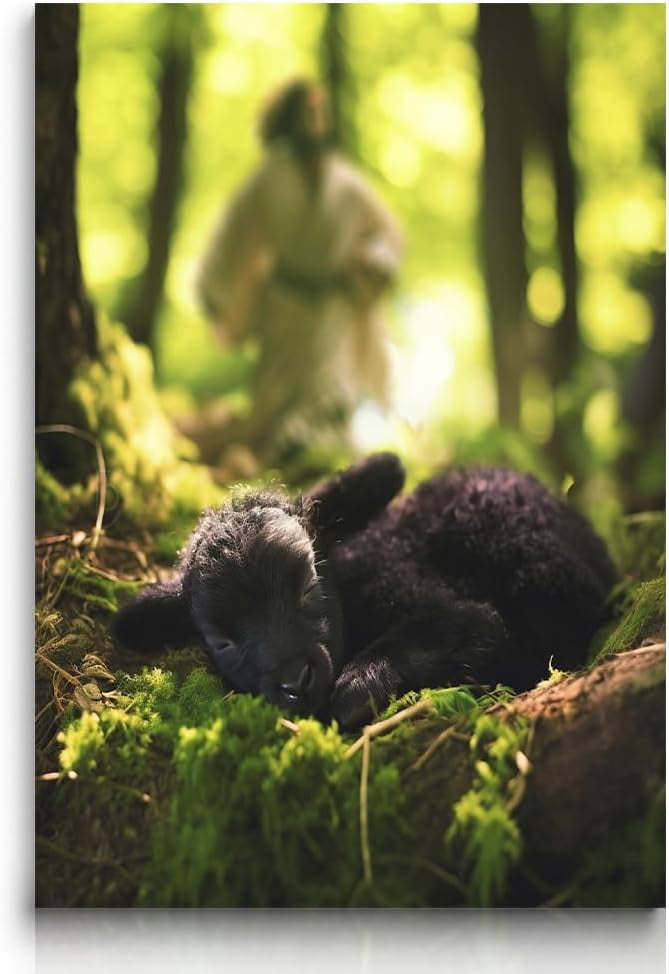 Jesus Runs For the Lost Sheep In Summer Forest Posters Jesus Running ...