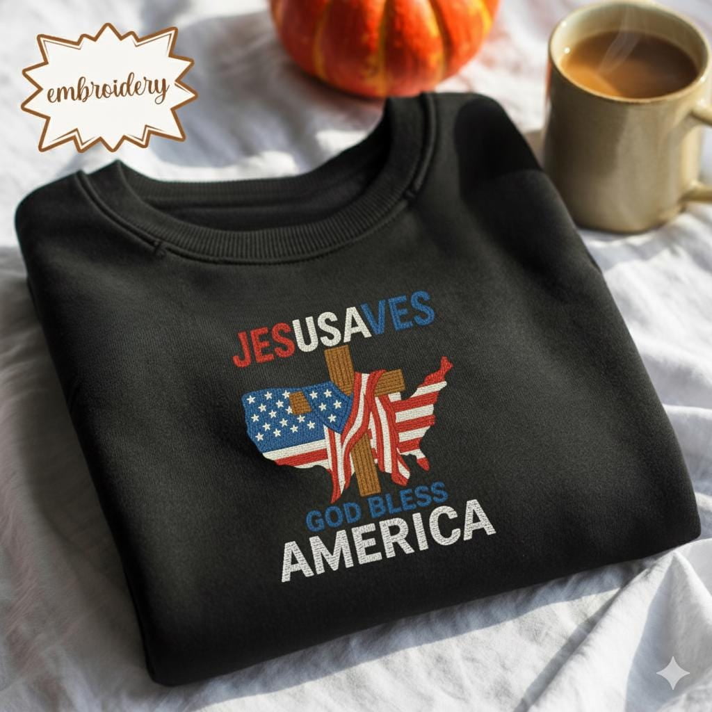 Jesus Saves God Bless America Embroidered Shirt, Patriotic Christian ...