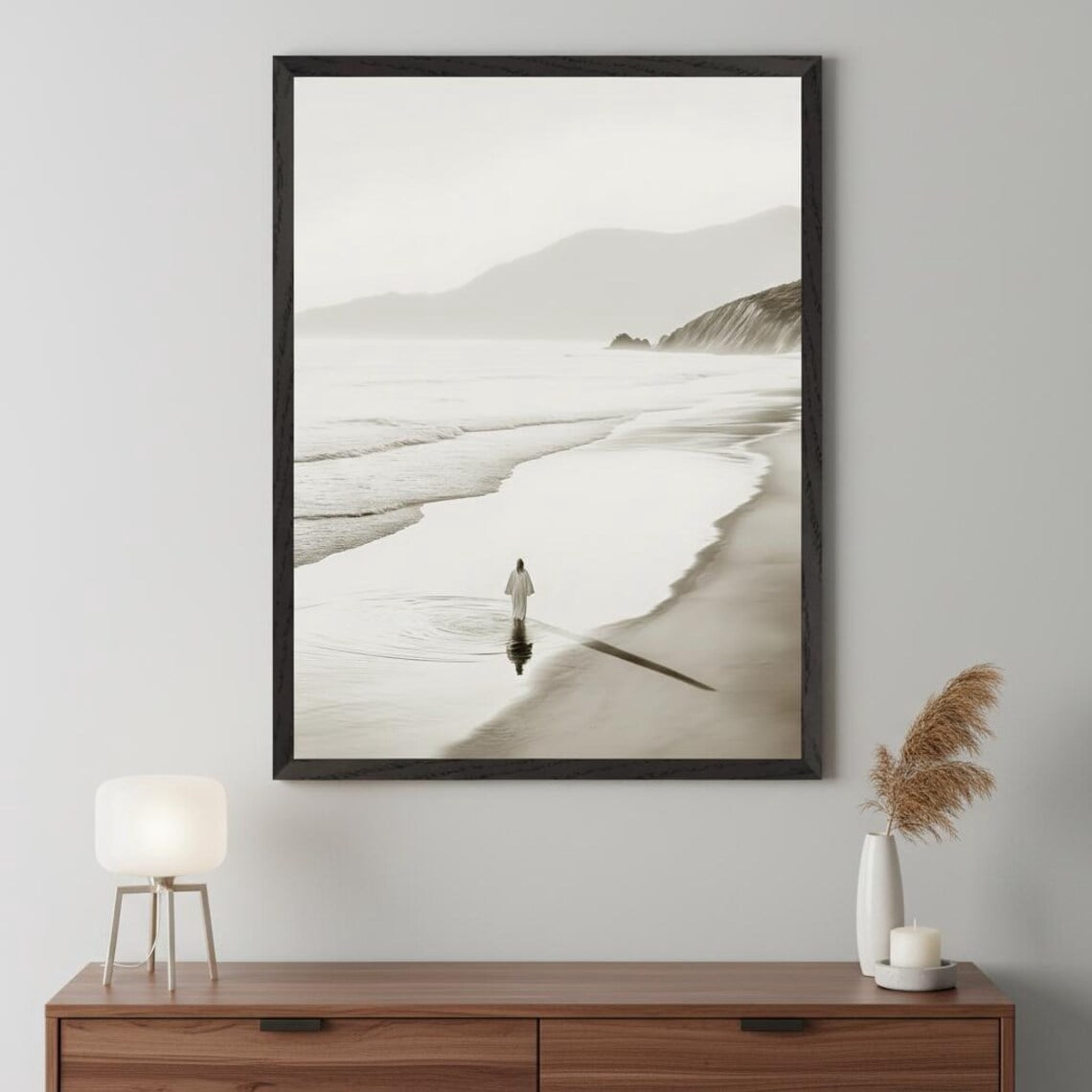 Jesus Sepia Beach Landscape Christian Minimalist Shoreline Religious ...
