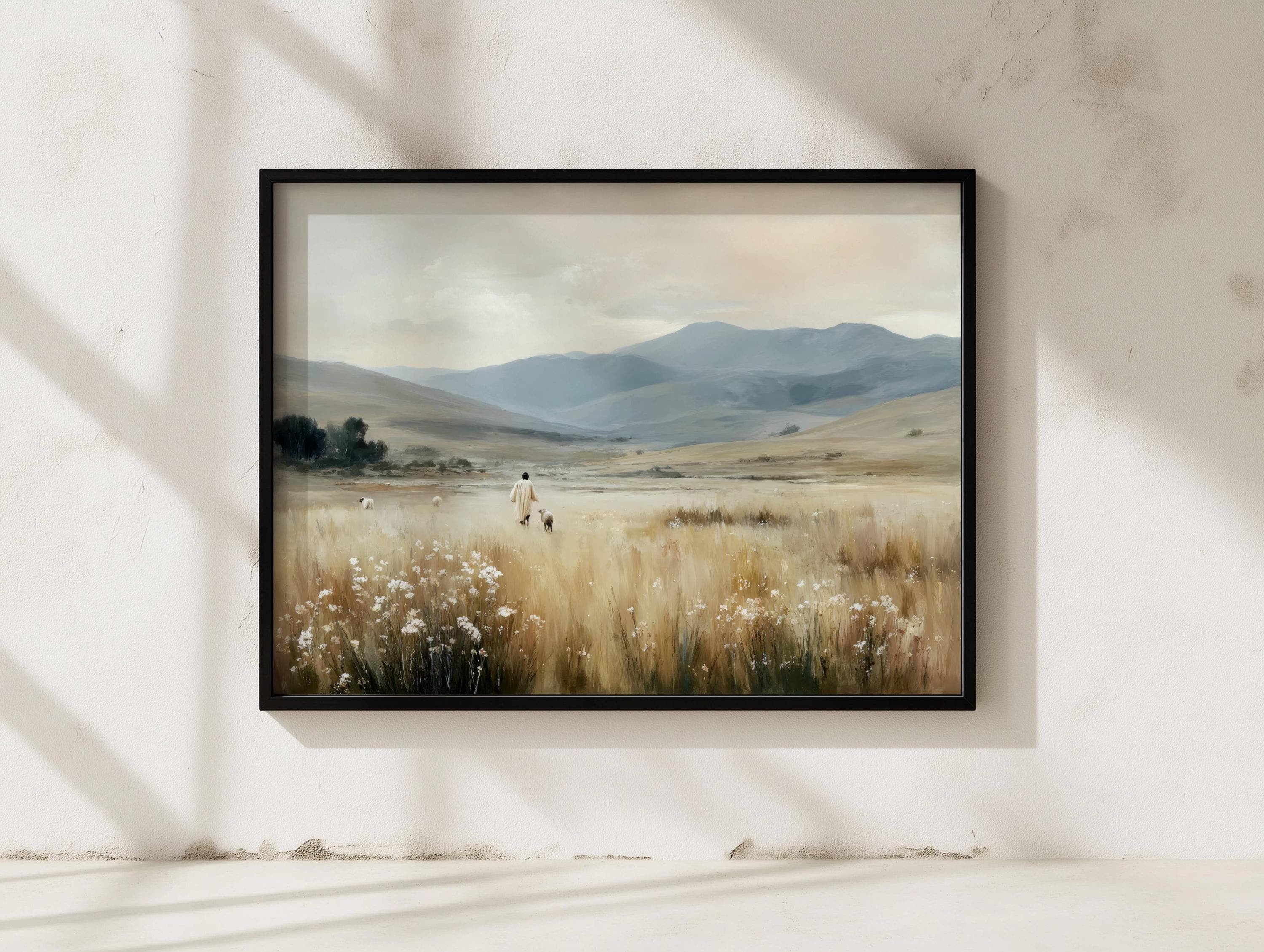 Jesus & Sheep Wall Art - Minimalist Christian Prints, Pastoral Abstract ...