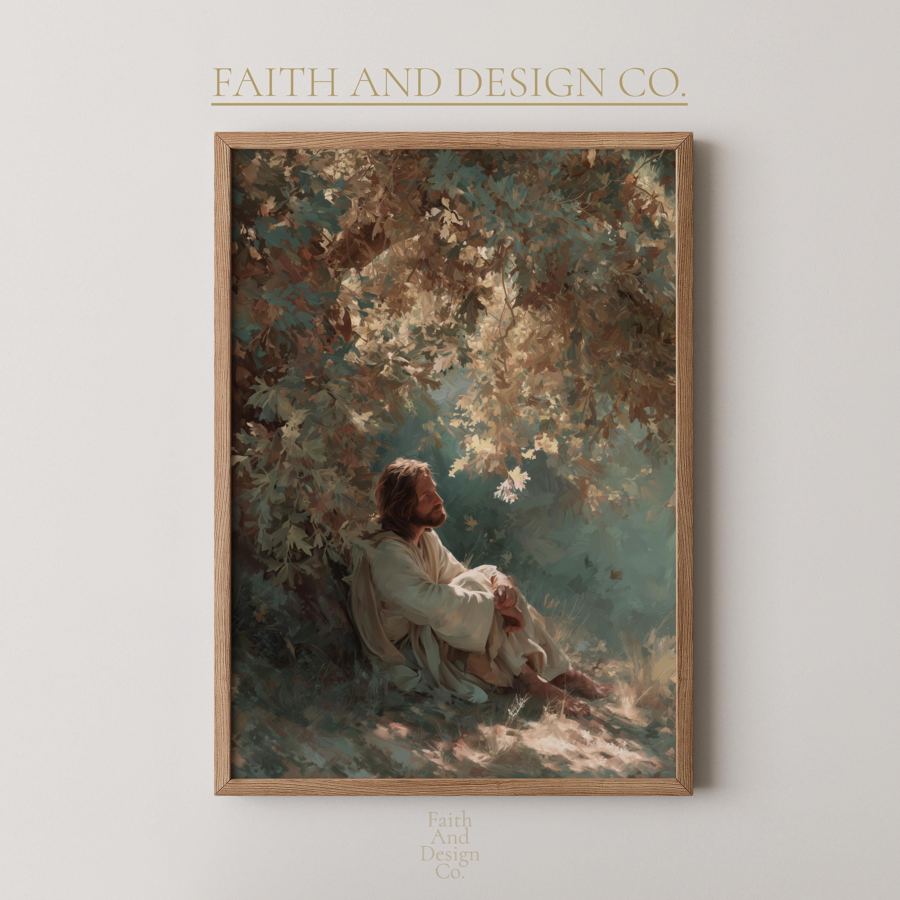 Jesus Sitting Under Fig Tree Print – Peaceful Neutral Christian Wall ...