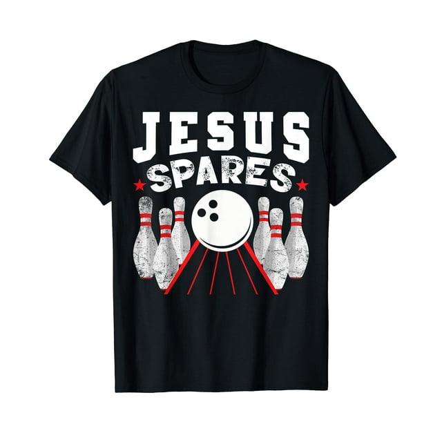 Jesus Spares Funny Christian Bowling Black T-Shirt Crew Neck Tee ...