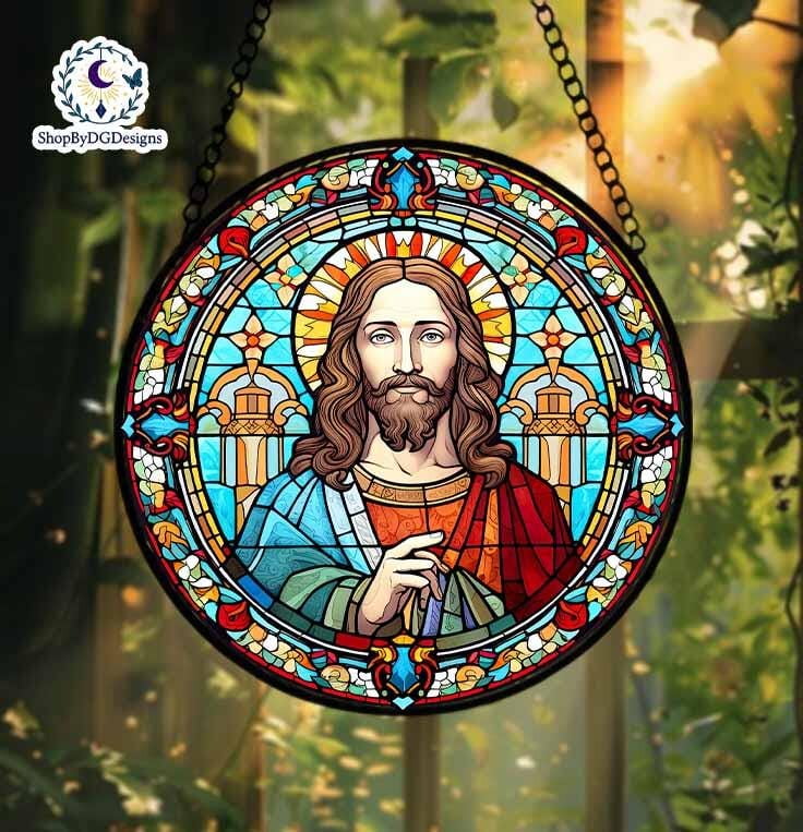 Jesus Stained Glass Suncatcher, Christian Window Hanging Art, Sacred ...