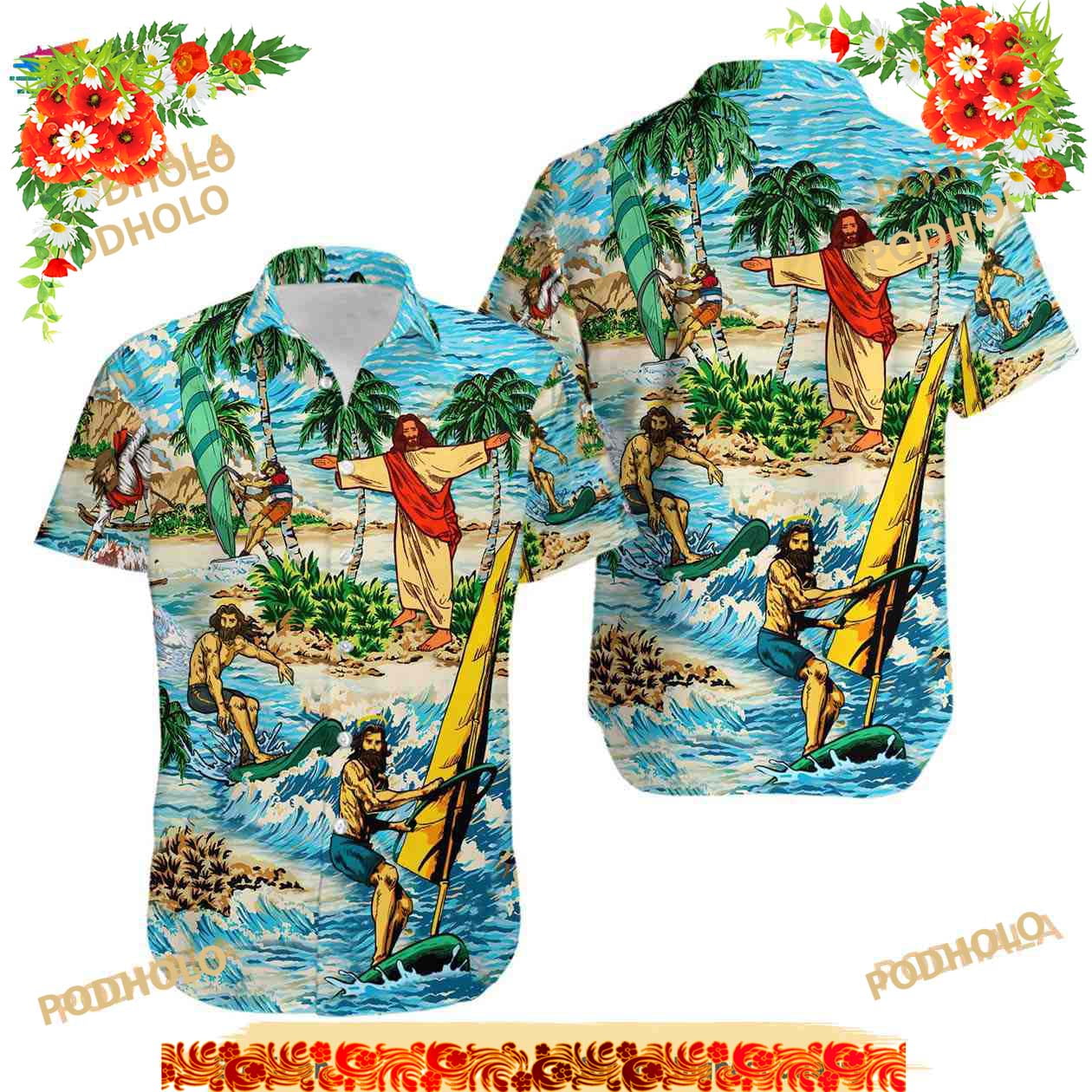 Jesus Surfing Summer Tropical Aloha Funny Hawaiian Shirt - Walmart.com