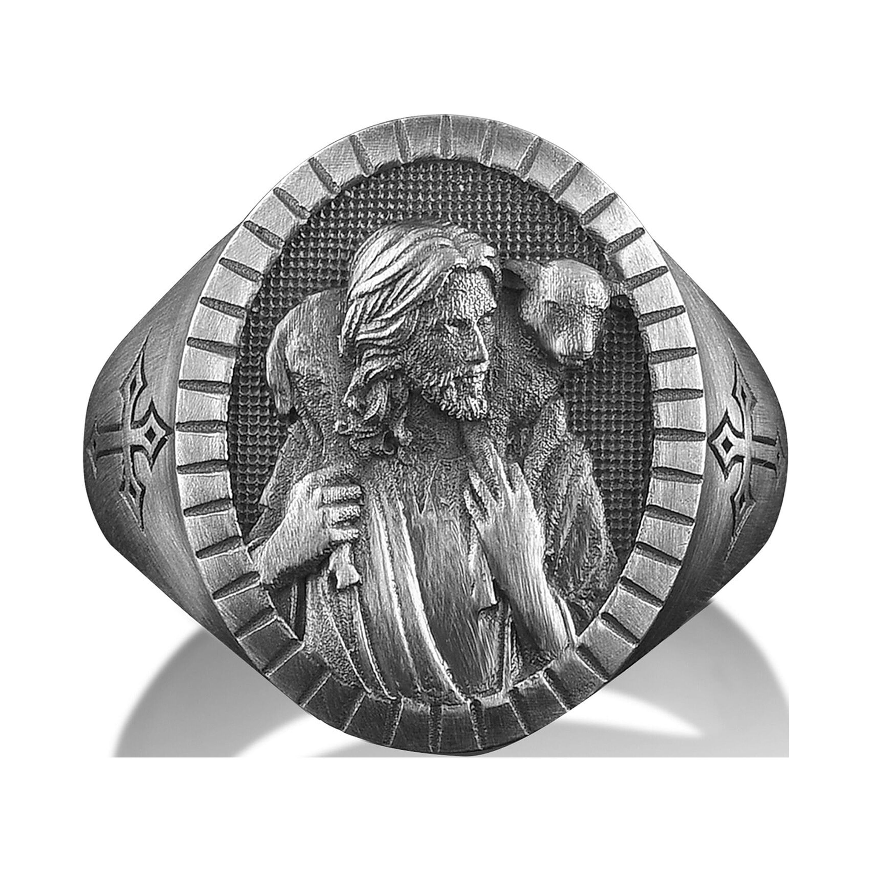 Jesus The Good Shepherd Sterling Silver Signet Rings For Men, Oxidized ...