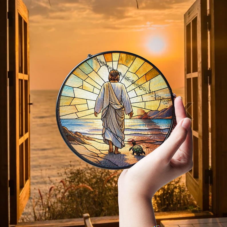 Jesus Walking And Sea Turtle Following Him Glass Suncatcher, Spring ...