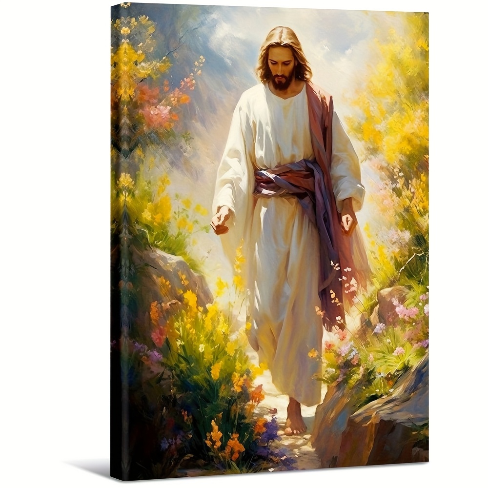 Jesus Walking Through A Lush Garden With Flowers Large Wooden Framed ...