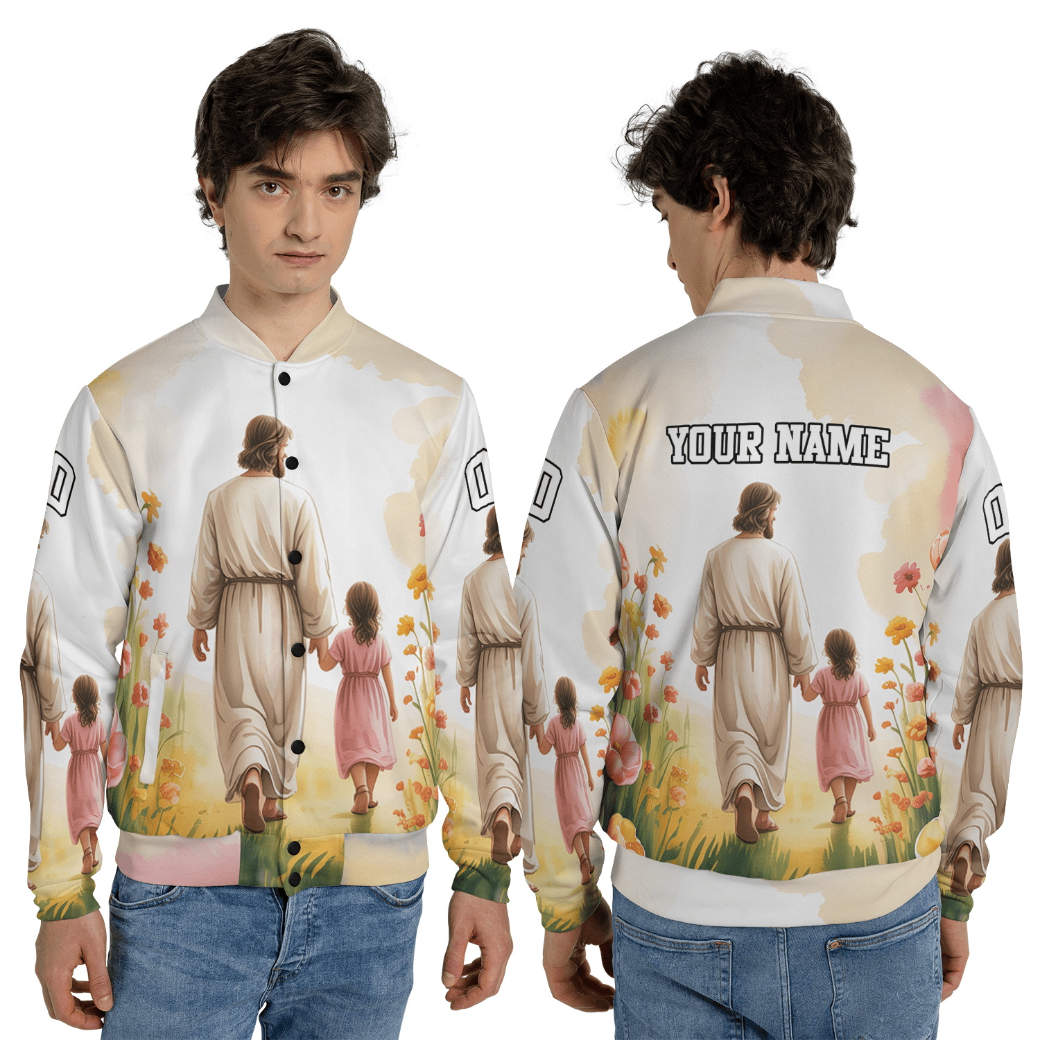 Jesus Walking The Path With Little Girl Custom Baseball Jacket ...