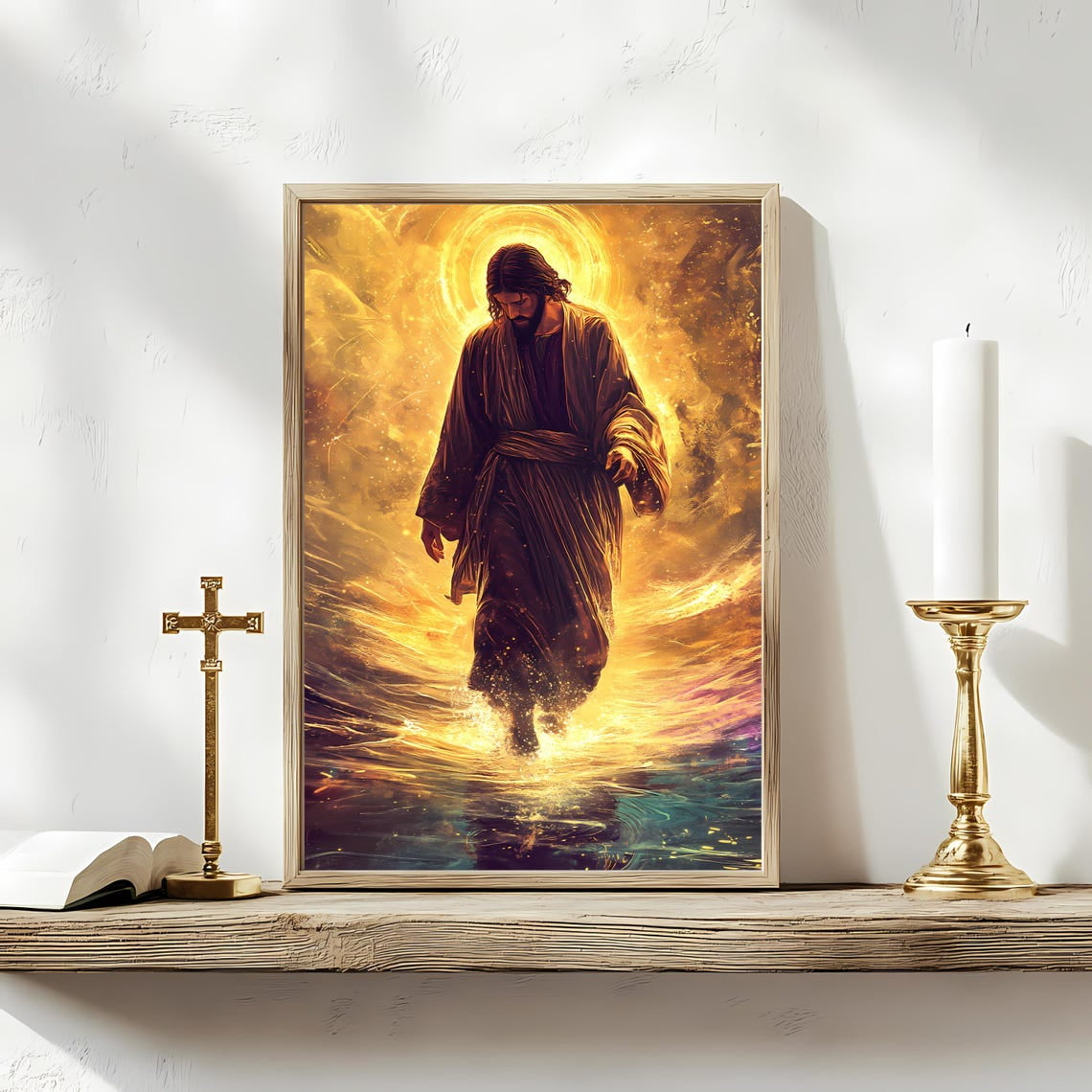 Jesus Walking On Water, Glowing Christian Art Print, Divine Miracle ...