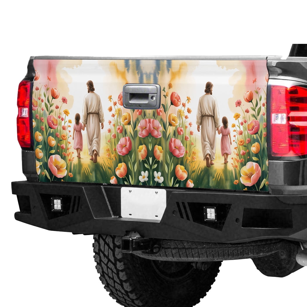 Jesus Walking with Child in Flower Field Tailgate Wrap – Christian ...