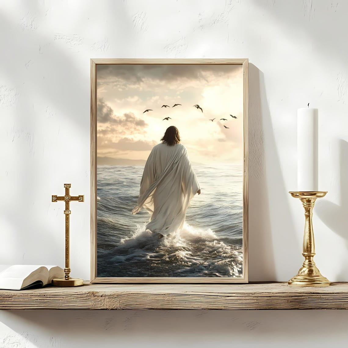 Jesus Walks In Power, Ocean Christian Art Print, Faith Over Fear Poster ...