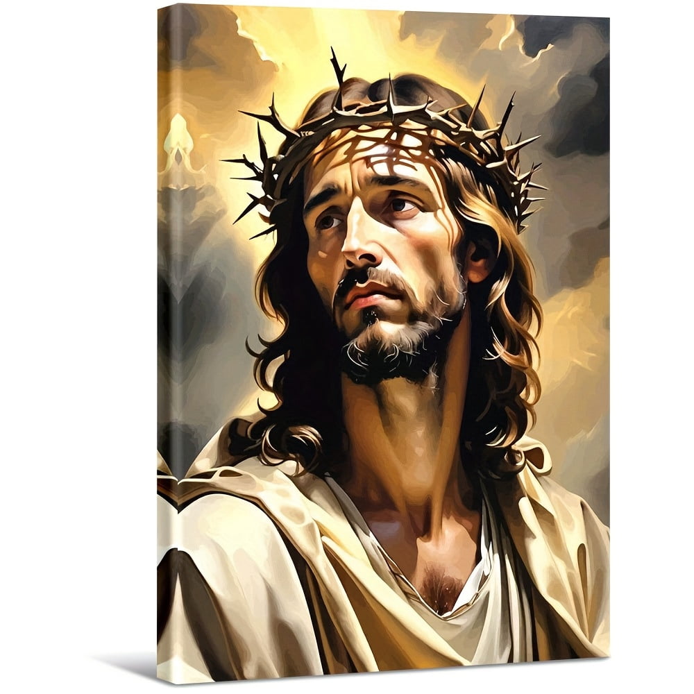 Jesus With Crown Of Thorns In Stained Glass Large Wooden Framed Wall ...