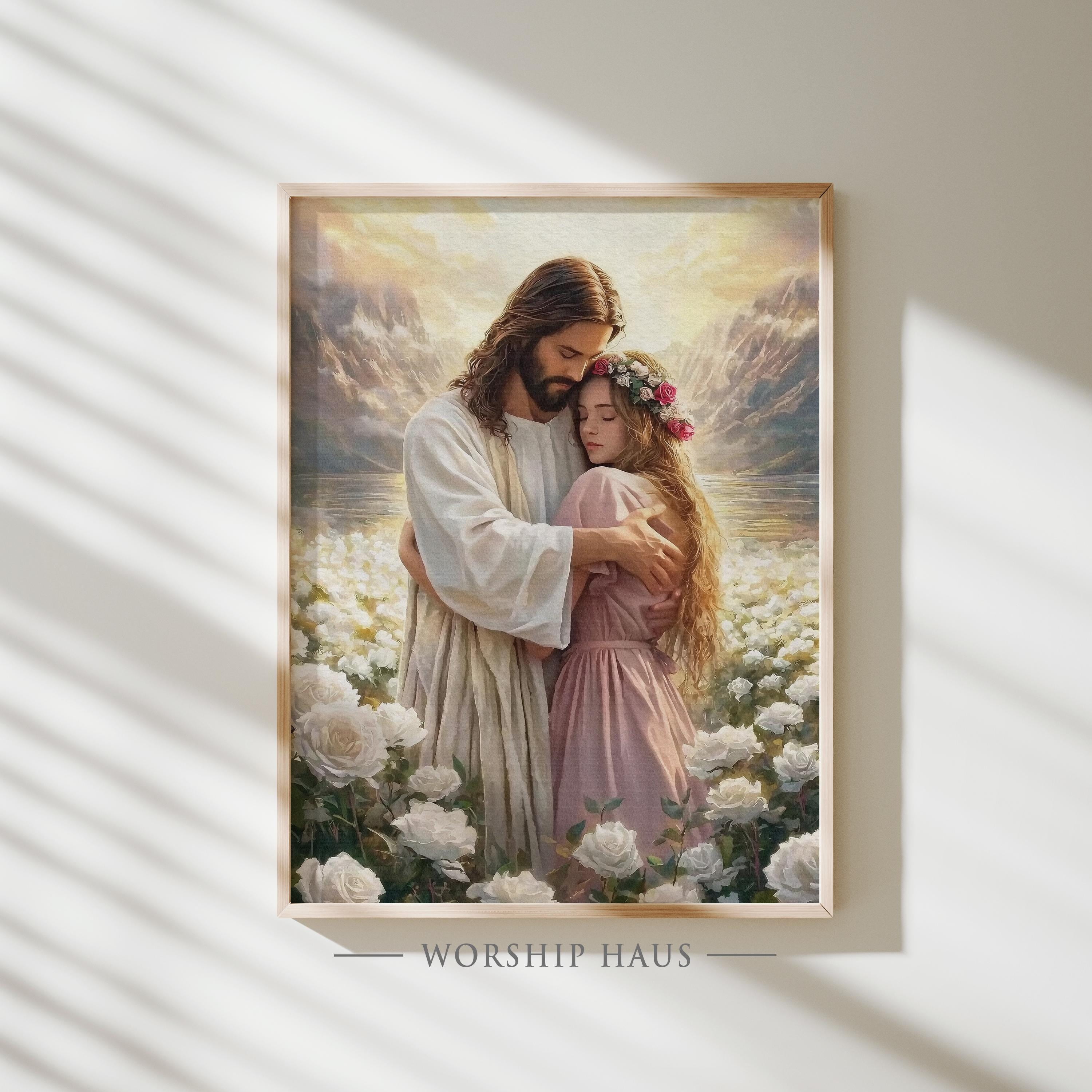 Jesus With Woman In Flower Field Christian Love Art Gentle Embrace ...