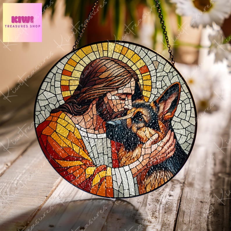 Jesus and German Shepherd GLASS suncatcher Hanging, Jesus Christ ...