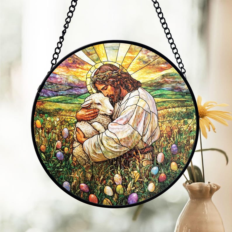 Jesus and Lamb Stained Glass Suncatcher, Christian Easter Window Decor ...