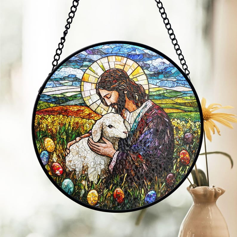 Jesus and Lamb Stained Glass Suncatcher, Easter Window Decor, Religious ...