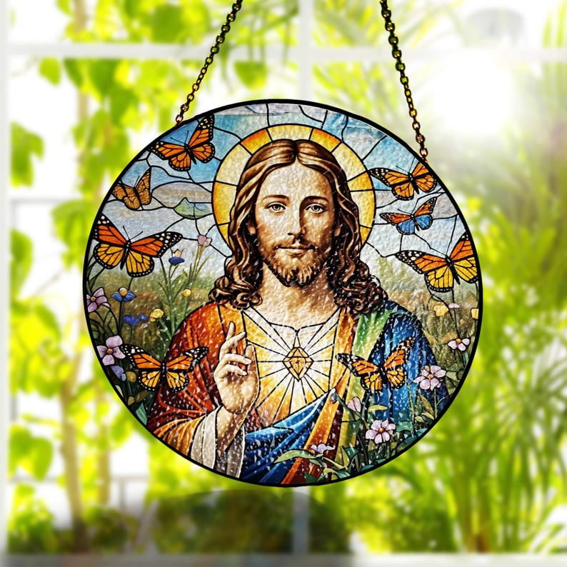 Jesus and Monarch Butterflies GLASS suncatcher Hanging, Jesus Christ ...