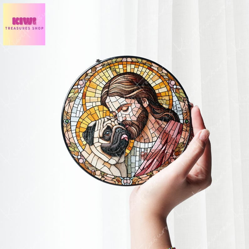 Jesus and Pug GLASS suncatcher Hanging, Jesus Christ, Pug hanging ...