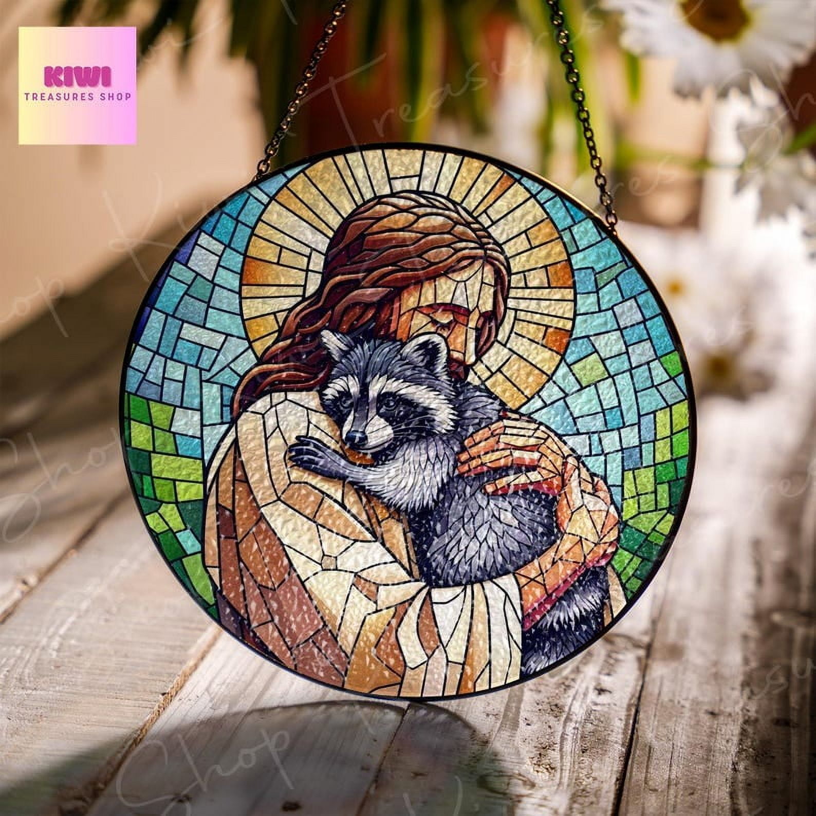 Jesus and Raccoon GLASSsuncatcher Hanging, Jesus Christ, Trash animal ...