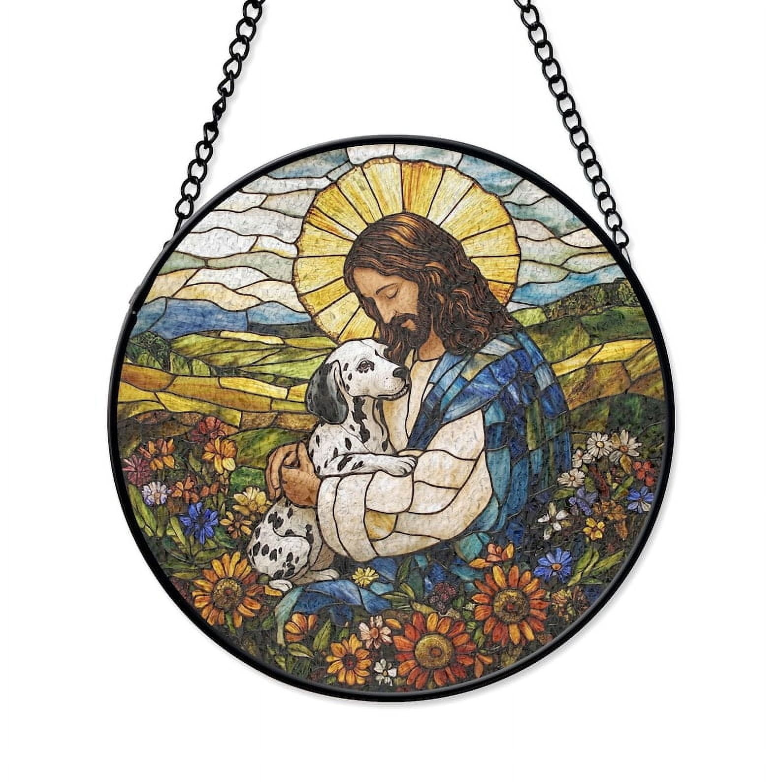 Jesus embracing Dalmatian Stained Glass Suncatcher, Religious Dog Decor ...