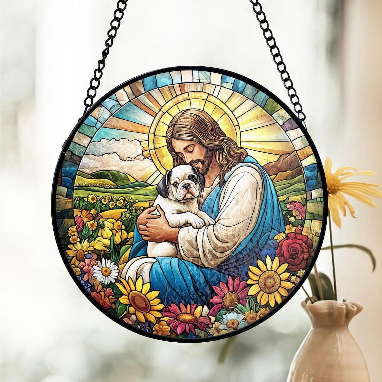 Jesus embracing French Bulldog Stained Glass Suncatcher, Religious Dog ...