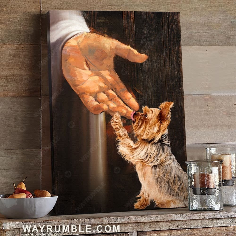 Jesus hand, Yorkshire Terrier painting, In the hand of God - Jesus ...