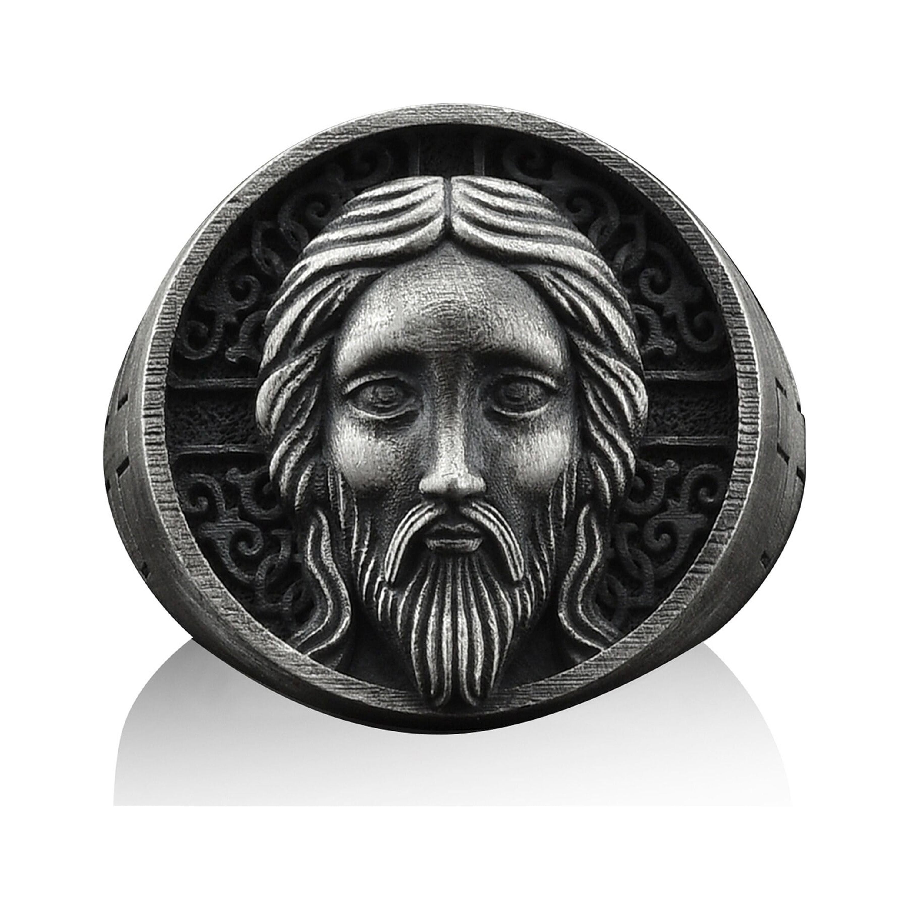 Jesus head signet ring for men in sterling silver, Unique mens signet ...
