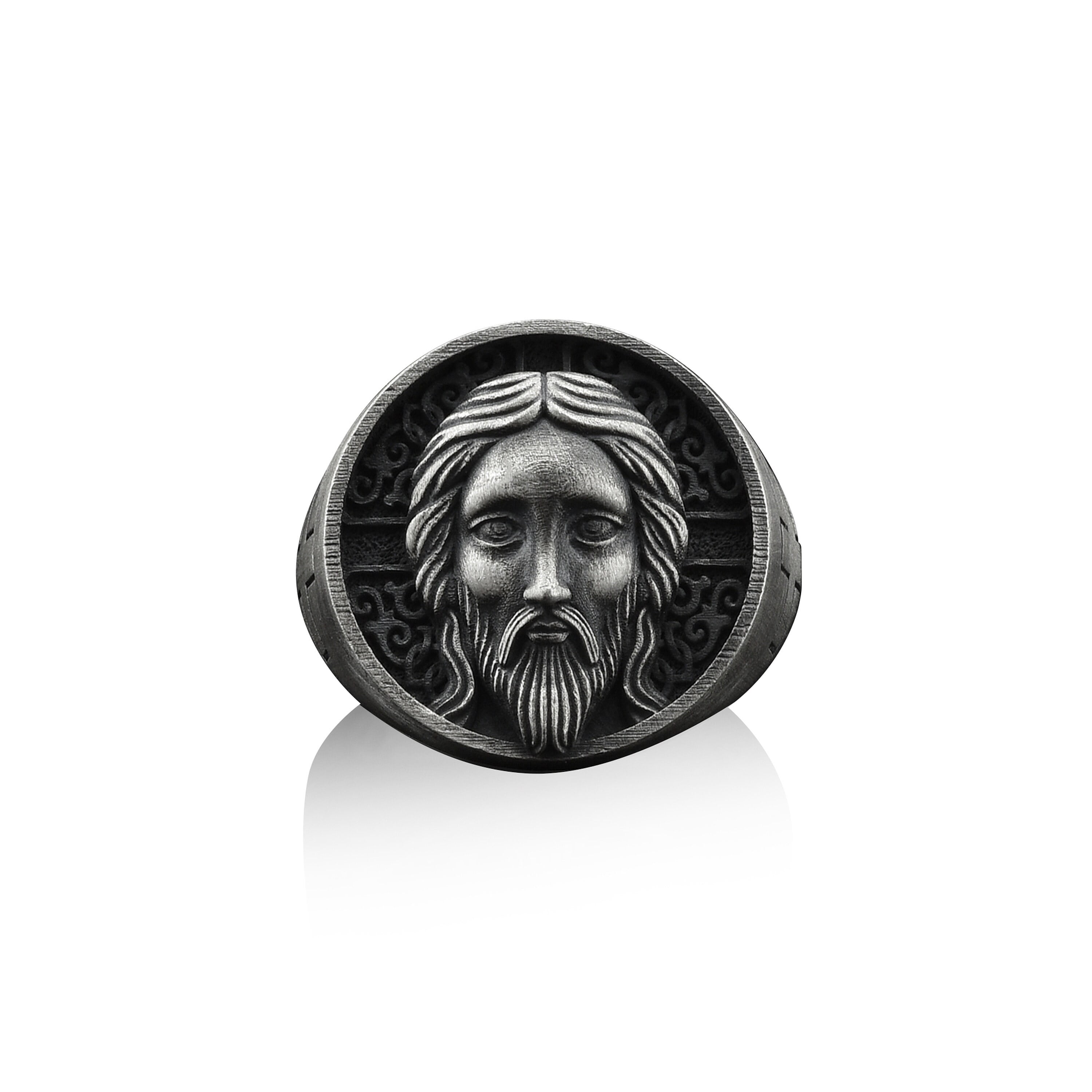Jesus head signet ring for men in sterling silver, Unique mens signet ...