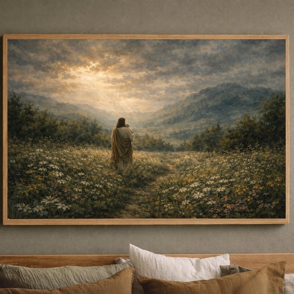 Jesus in the Wildflowers, Good Shepherd Artwork, Christian Landscape ...