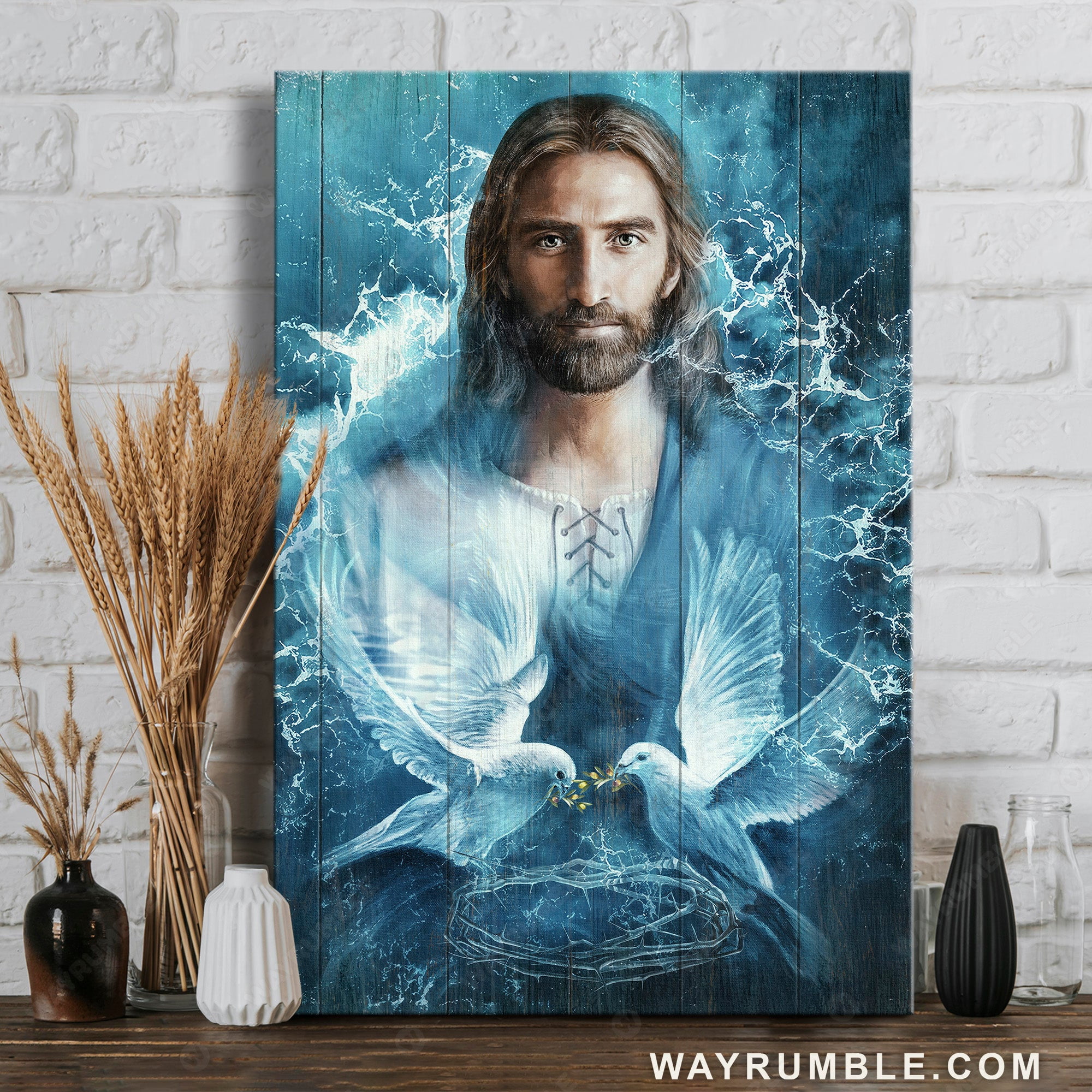 Jesus painting, Bird couple, Blue water - Jesus Portrait poster Prints ...