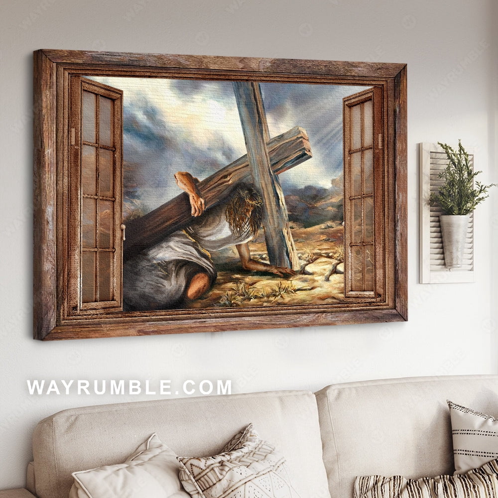 Jesus painting, Wooden cross, Wood window frame, Jesus carrying the ...