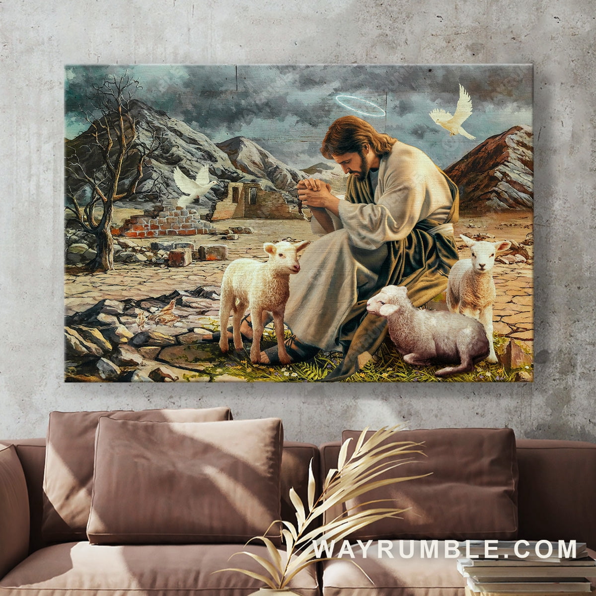 Jesus praying, Lamb of God, Flying dove, Dried desert, Big rock - Jesus ...