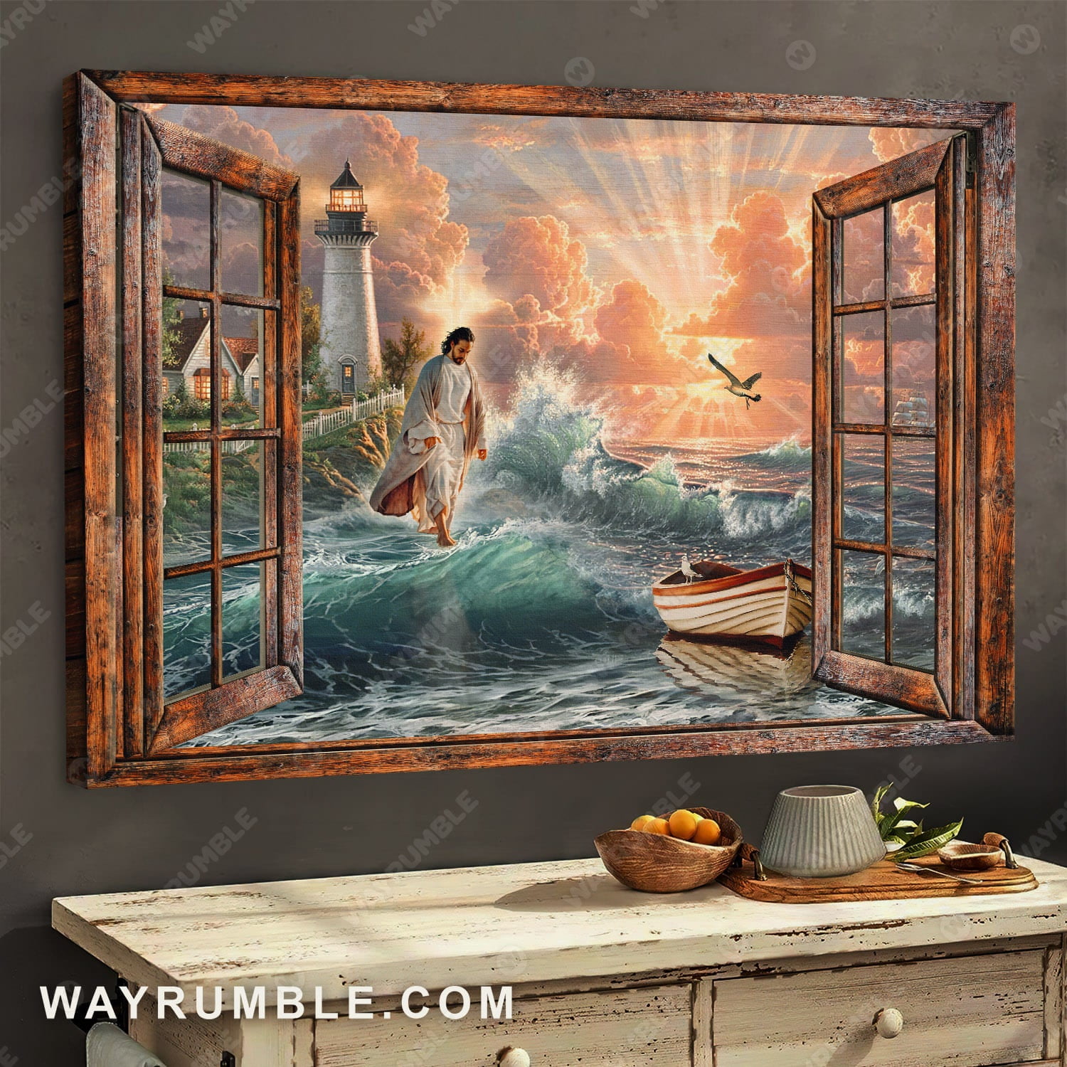 Jesus walks on water, Lighthouse on the cliff, When the sun rises ...
