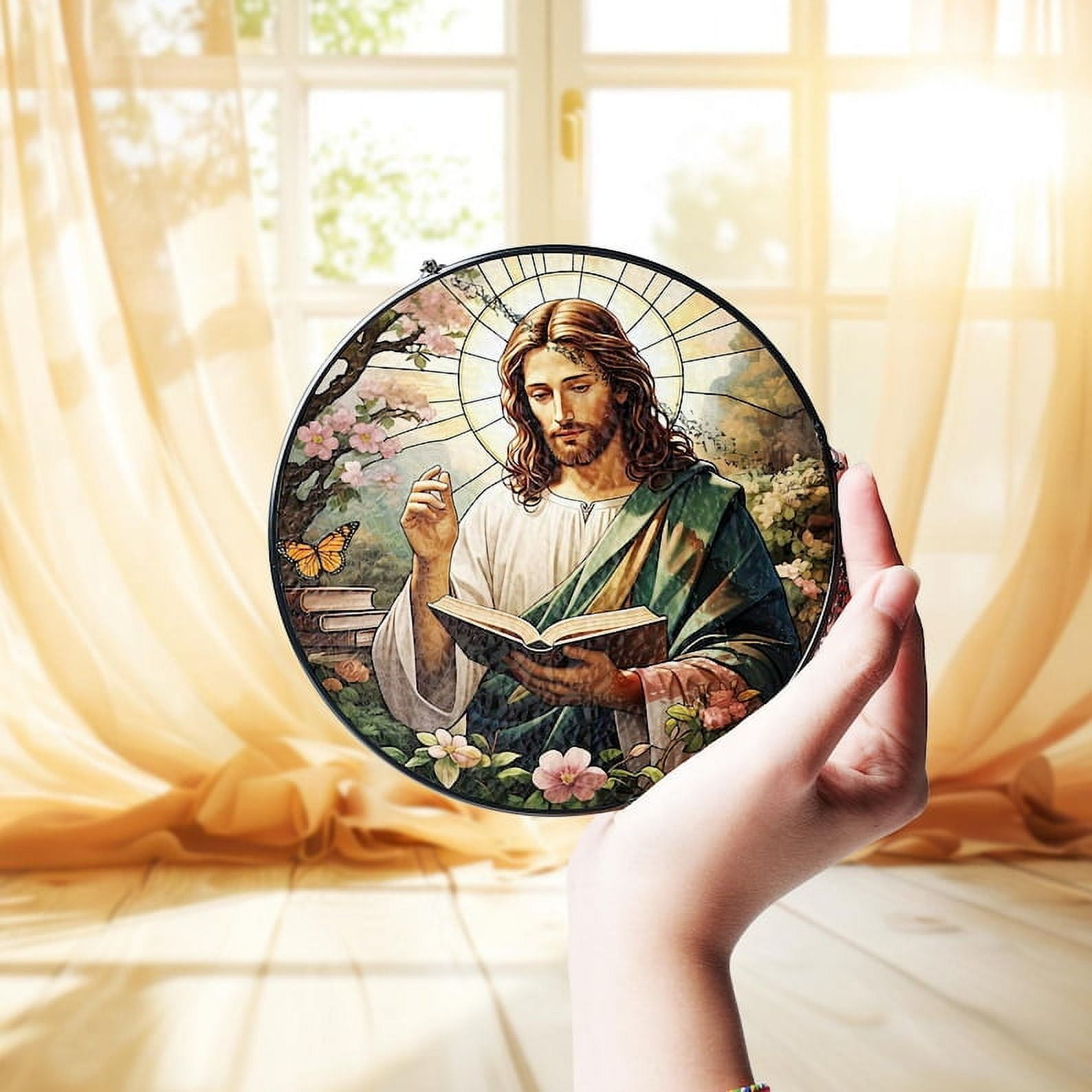 Jesus with Book Glass Suncatcher, Easter Faith Decor, Christian Gift ...