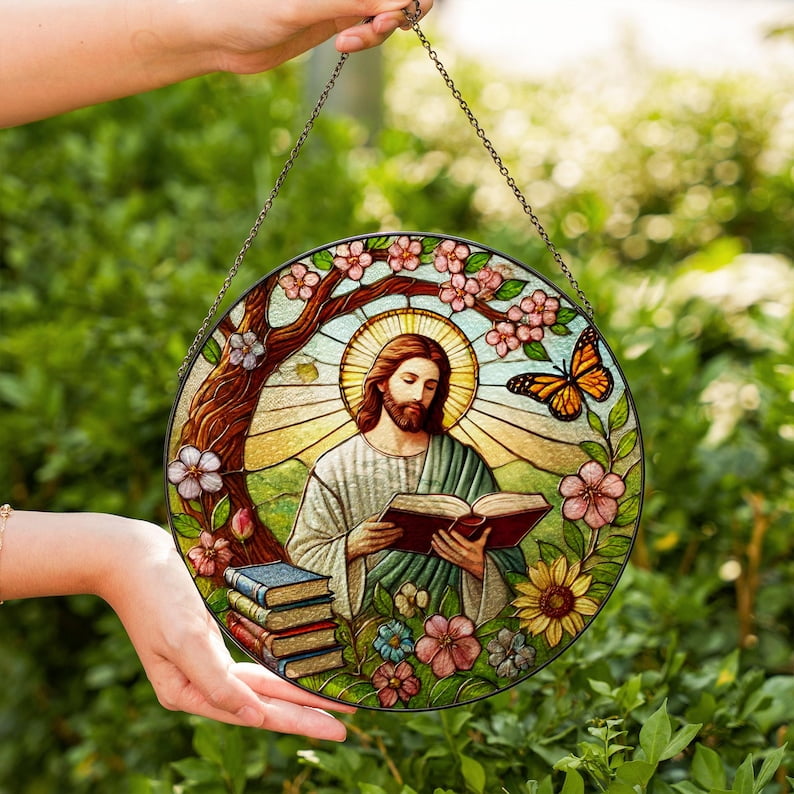 Jesus with Book Stained Glass Suncatcher, Easter Faith Decor, Christian ...