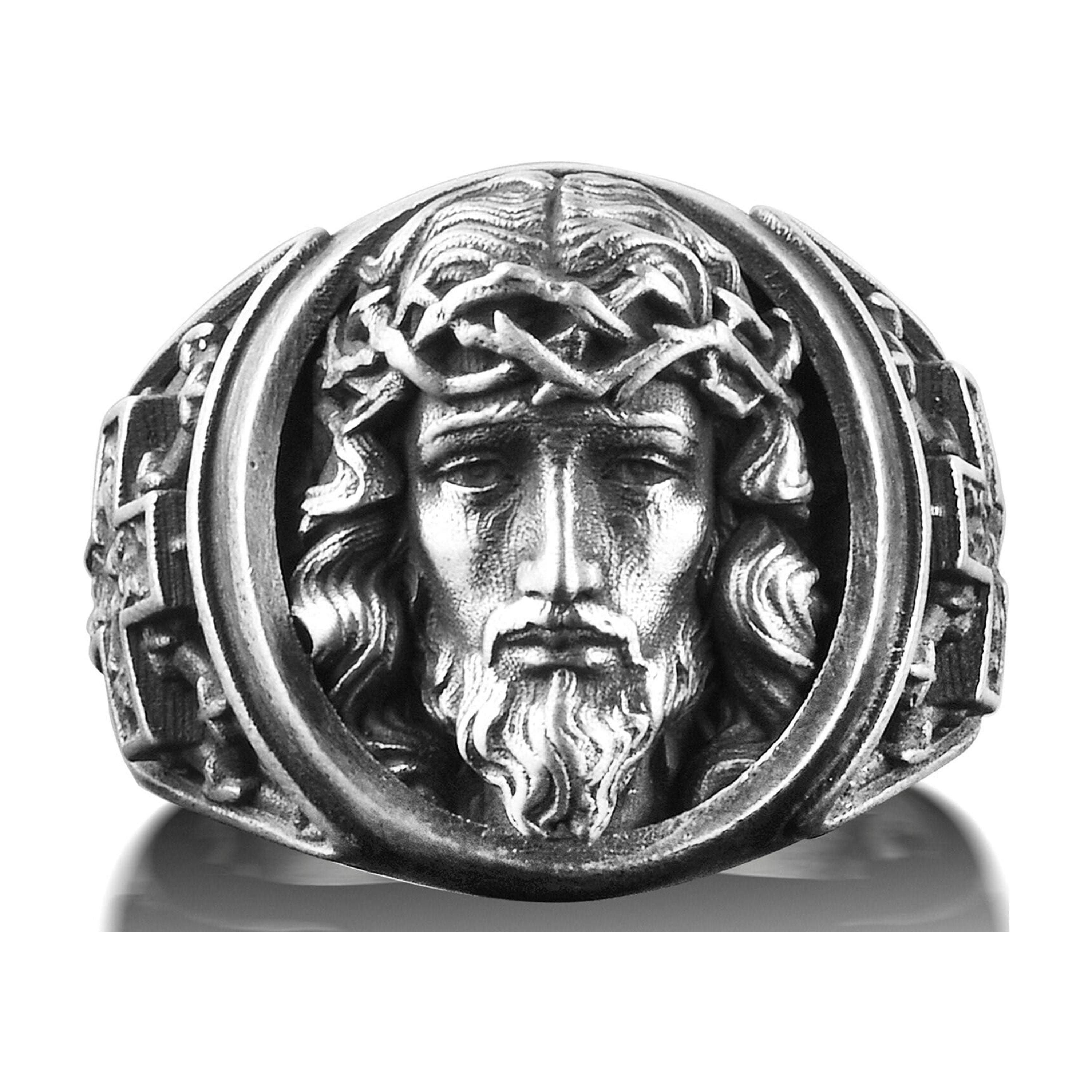 Jesus with Crown of Thorns Ring, Jesus with Cross Engraved Signet Ring ...