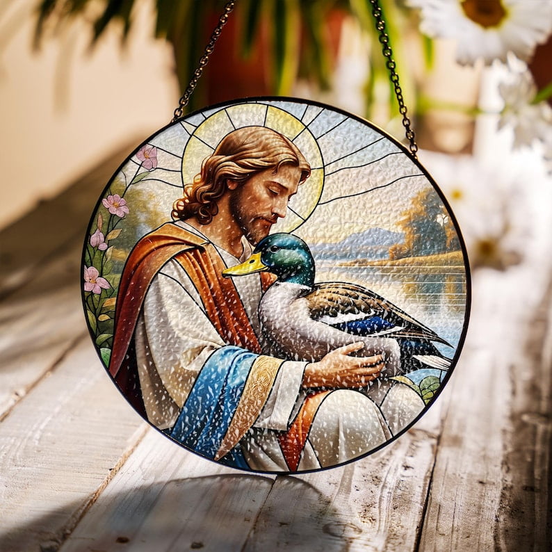 Jesus with Mallard Duck Glass Suncatcher, Jesus Christ Glass, God Sign ...