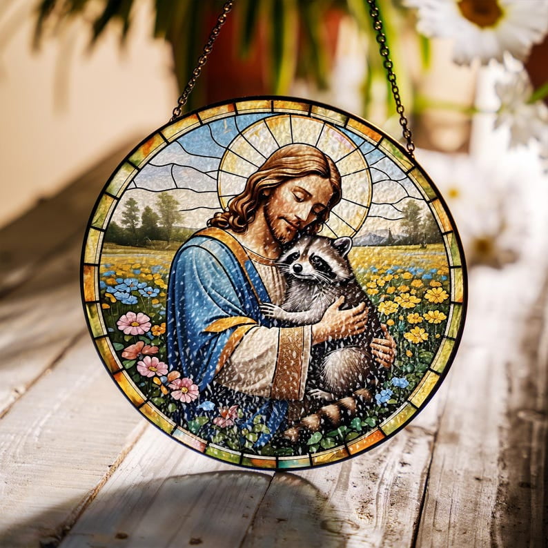 Jesus with Raccoon Glass Suncatcher, Jesus Christ Glass, God Sign Art ...
