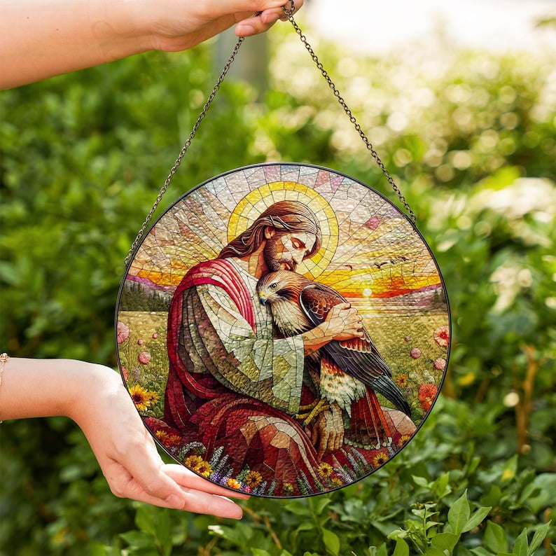 Jesus with red-tailed hawk Glass Suncatcher, Jesus Christ Glass, God ...