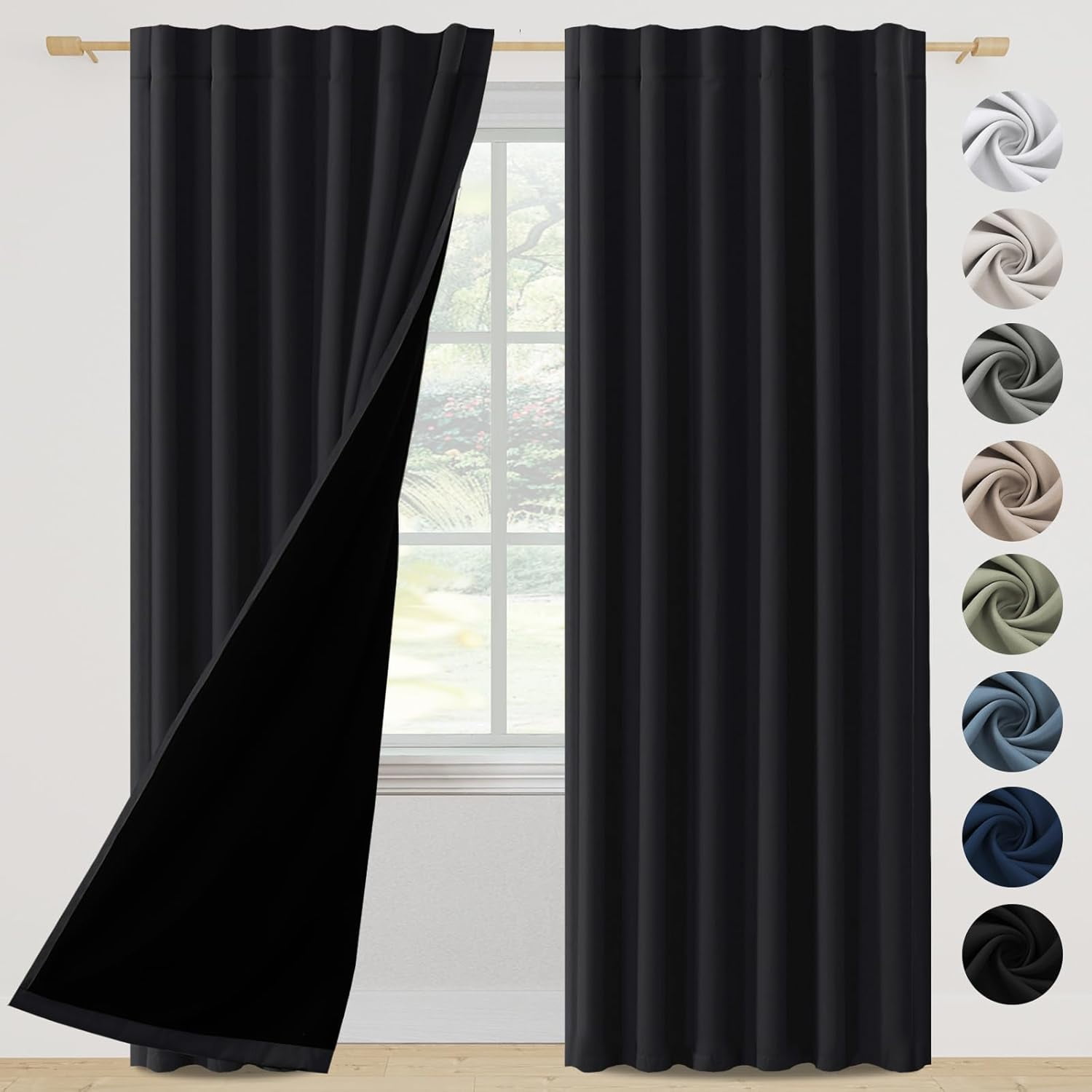 Jet Black Thermal Bedroom Curtains with Rod Pocket & Back Tab - 100% ...