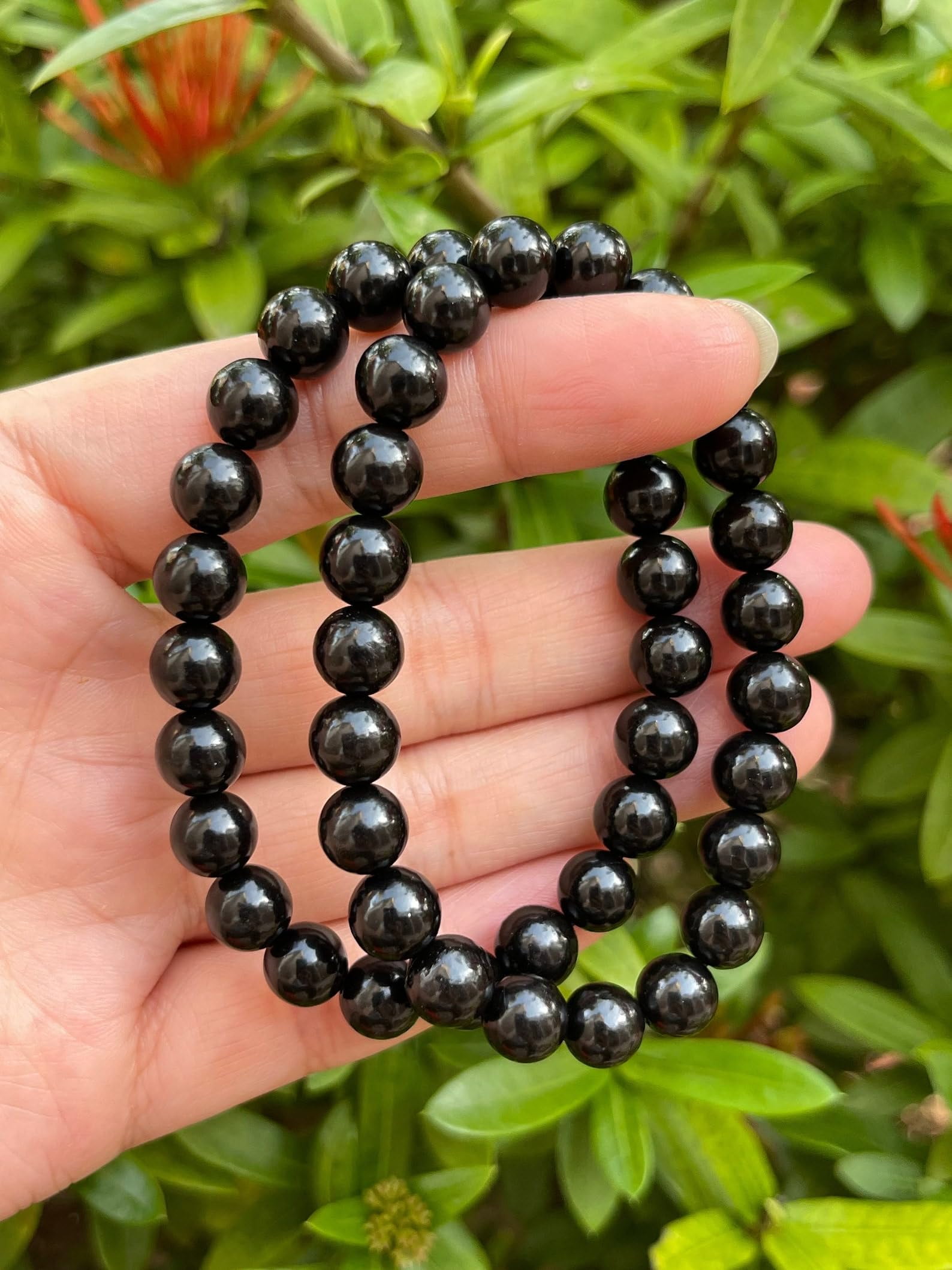 GAF TREASURES, Jet Crystal Bead Stretch Bracelet, 8mm, Genuine Gemstone ...