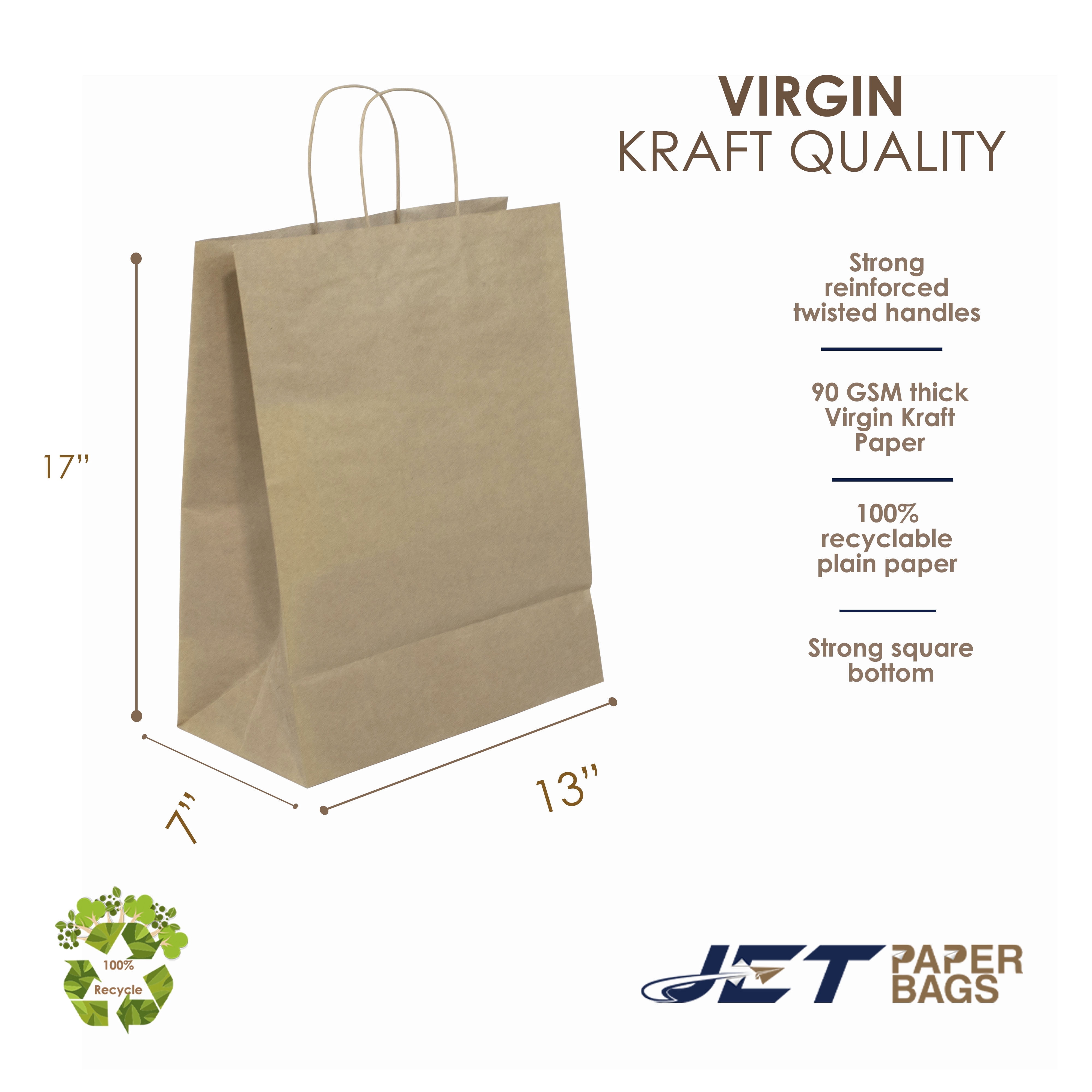 Jet Paper Bags [100 Pcs] 13" x 7" x 17H" Brown Virgin Kraft Paper ...