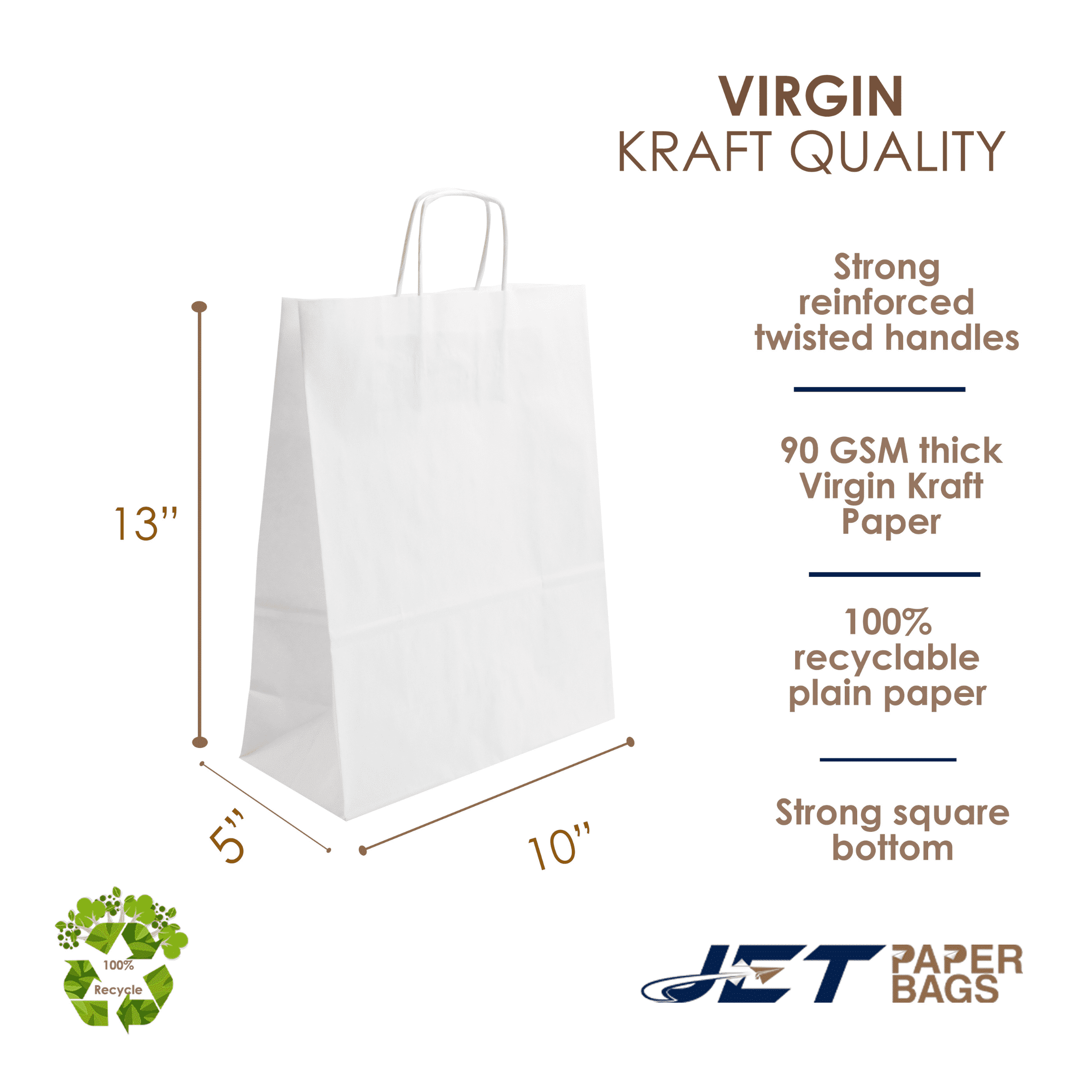 Jet Paper Bags 25 Pack 10" x 5" x 13"H White Kraft Paper Gift Bags with ...