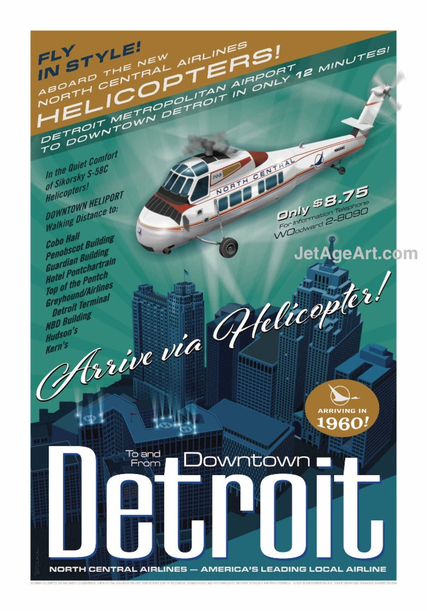 Jetage Aviation Art JA092 14 x 20 in. Detroit North Center Helicopter ...