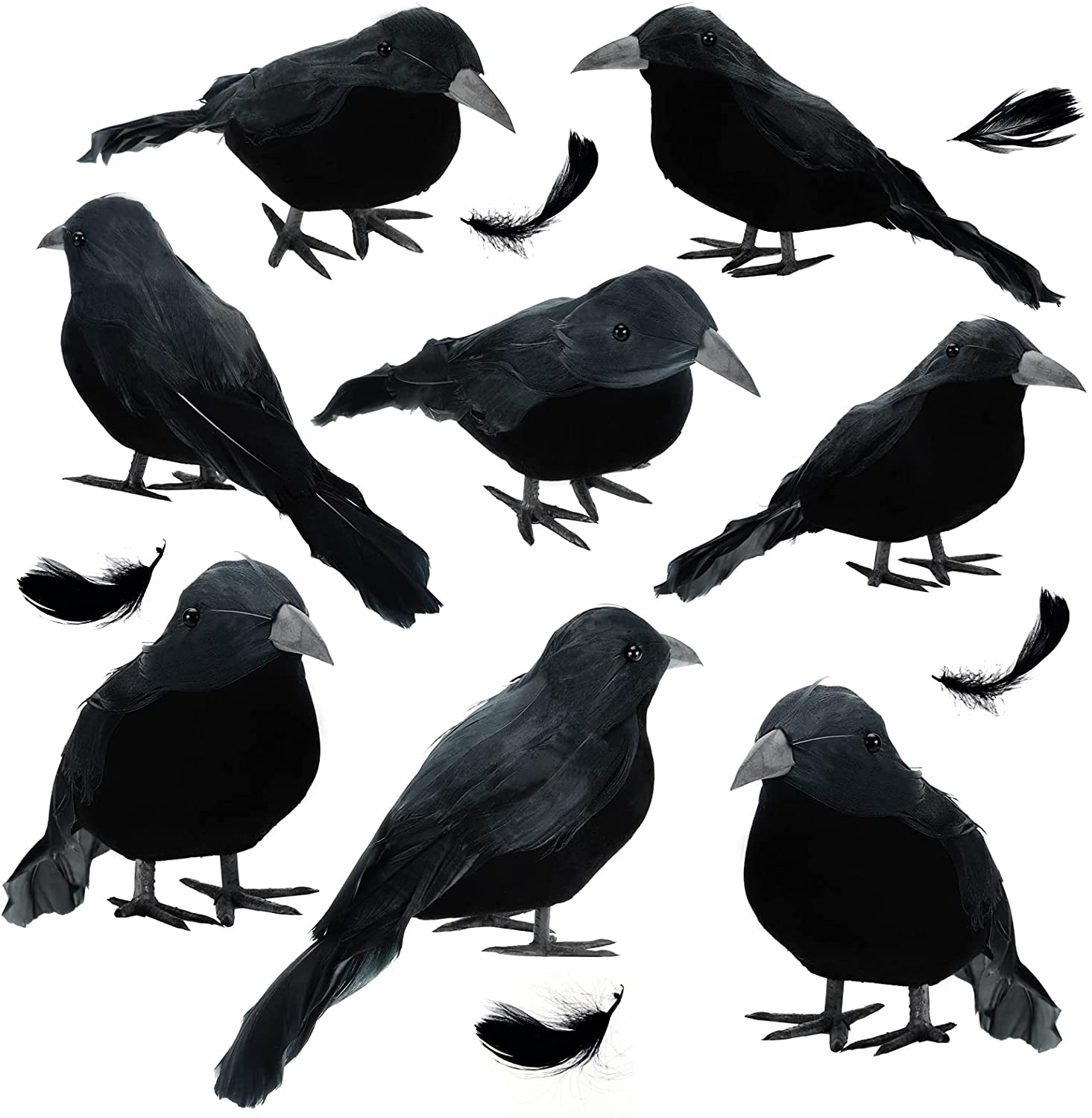 Jetec 8 Pack Halloween Black Feathered Crows Black Birds Handmade ...