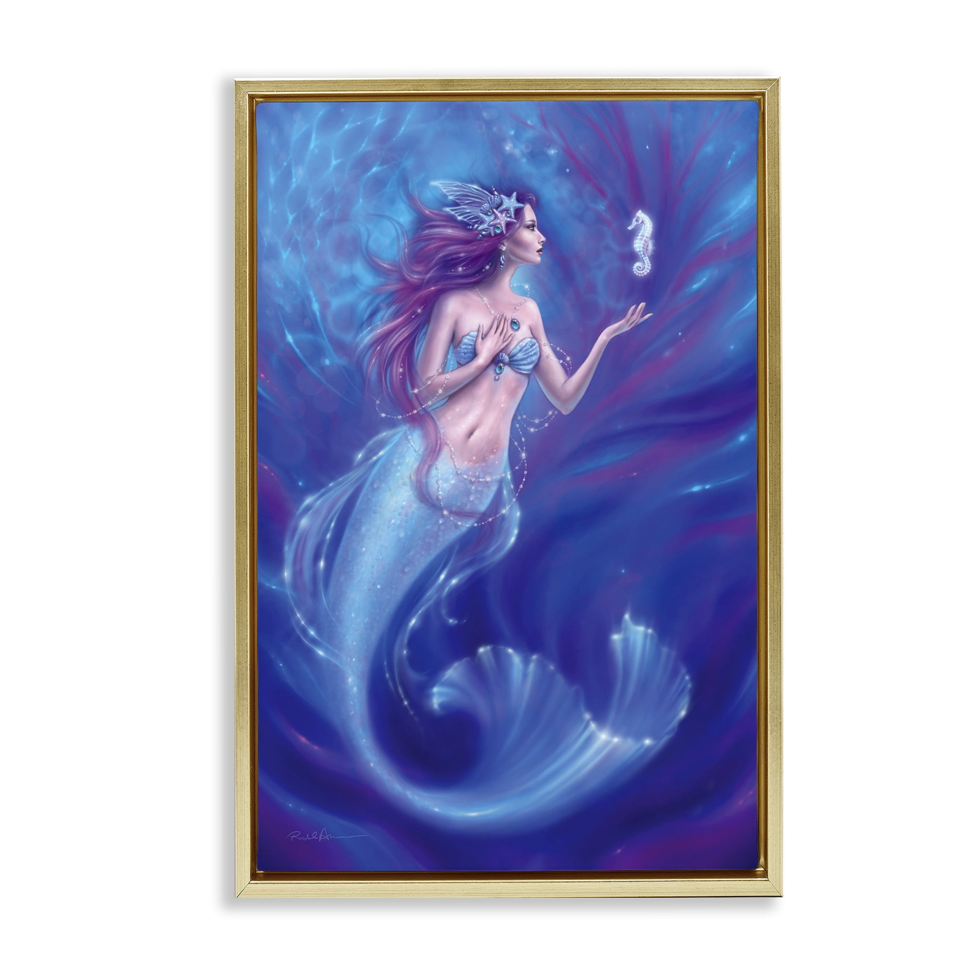 Jewel Bedecked Mermaid & Seahorse Gold Framed Floater Canvas Wall Art ...