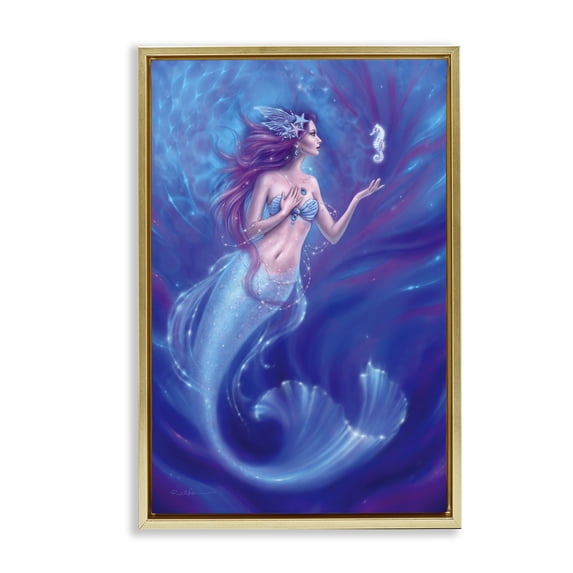 Jewel Bedecked Mermaid & Seahorse Gold Framed Floater Canvas Wall Art ...